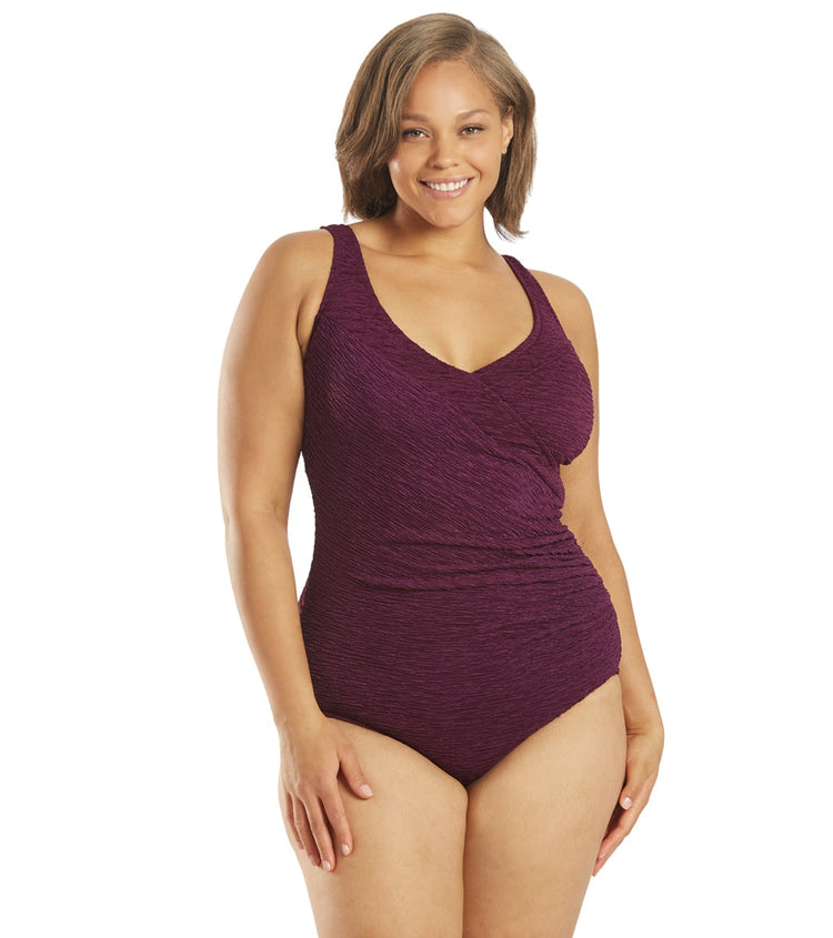 Penbrooke Krinkle Plus Size Chlorine Resistant Mock Surplice One Piece